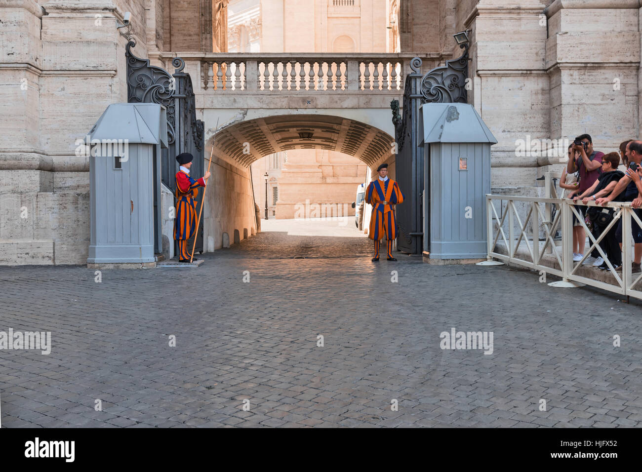 The Swiss Guards on sentry duty outside St Peter's Basilica, Vatican ...