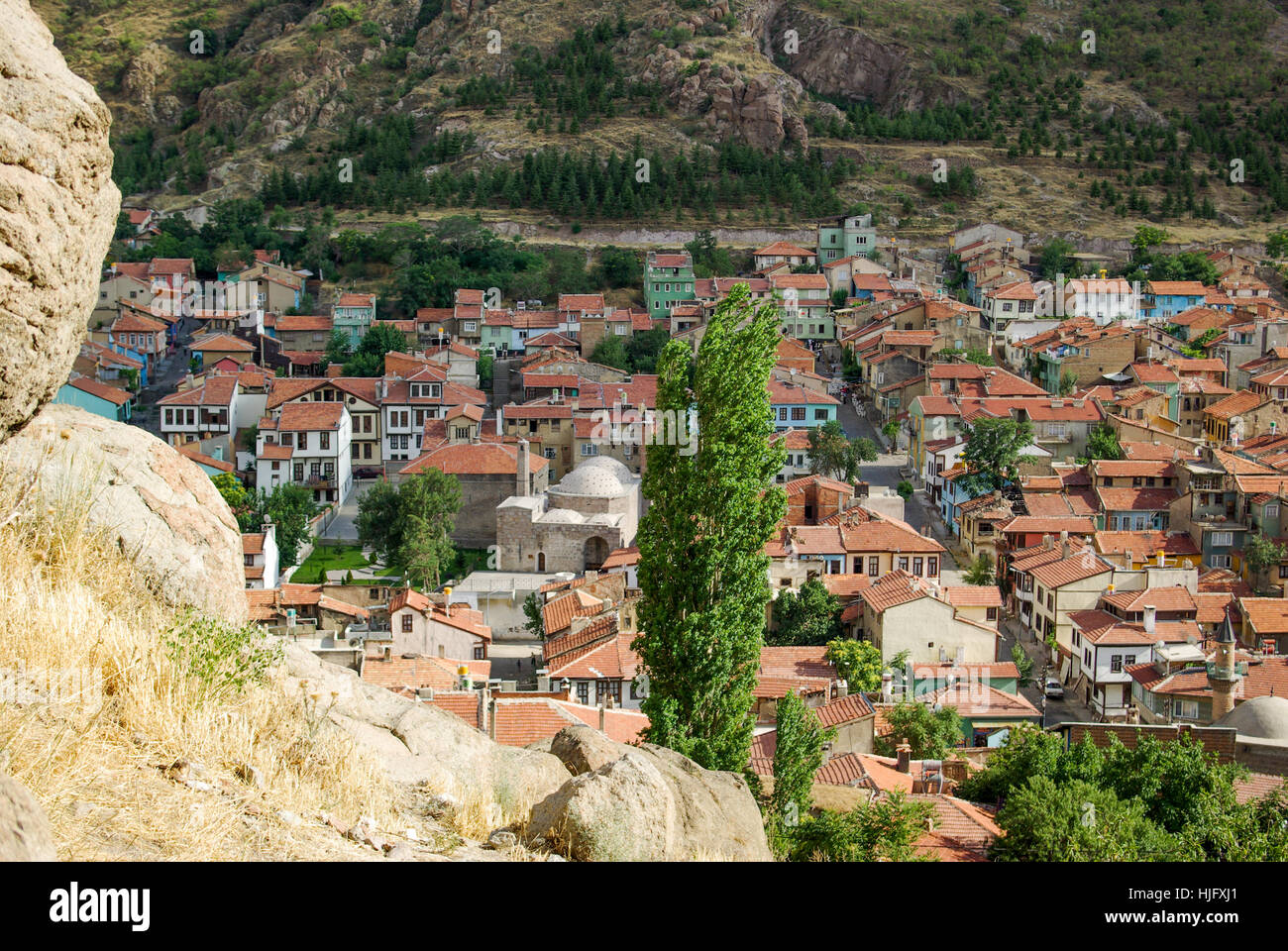 Colorful traditional ottoman houses and a mosque in the old town center ...