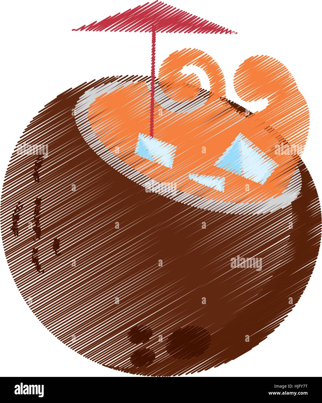 drawing coconut cocktail exotic drink ice umbrella vector illustration ...