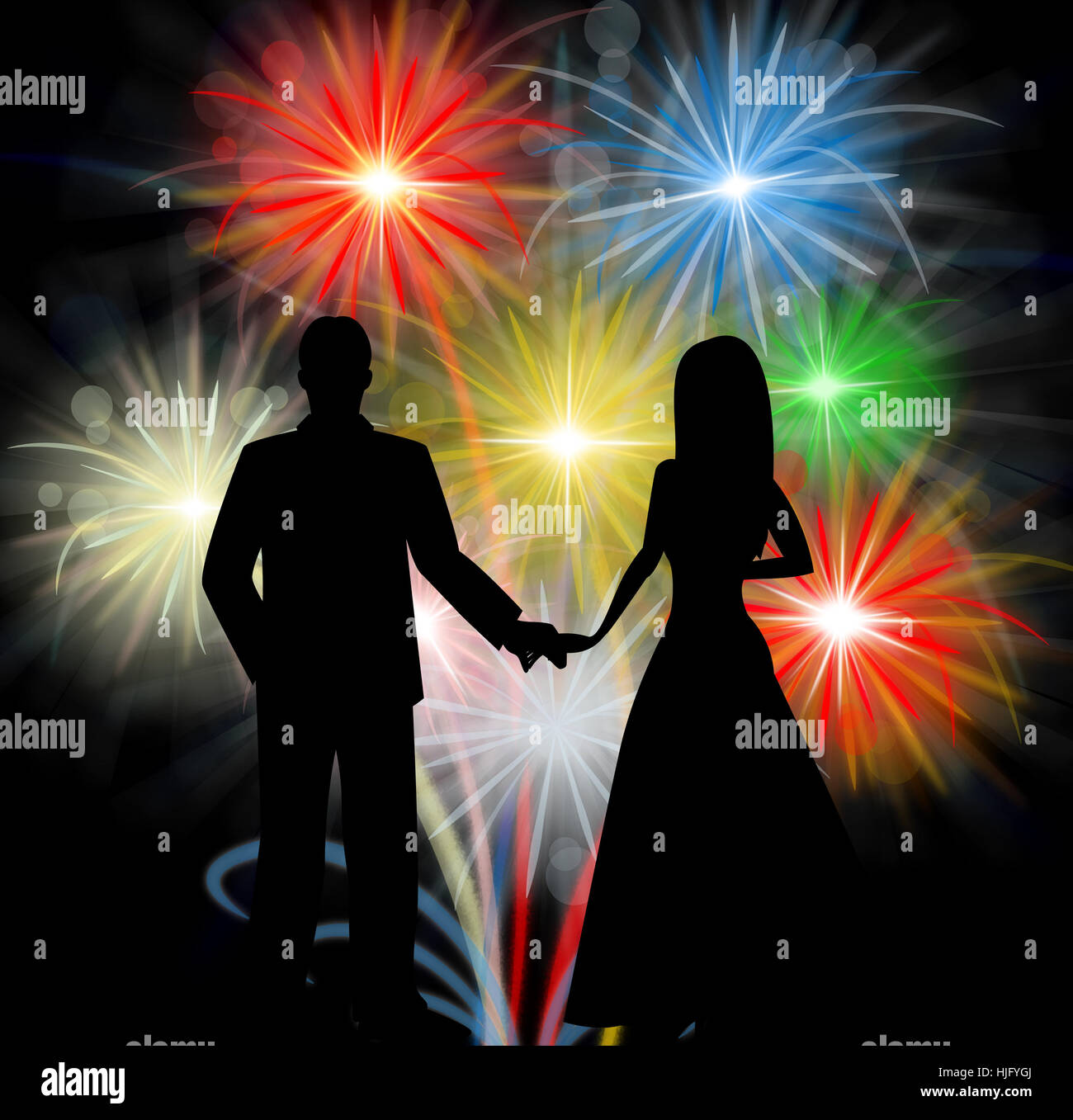Couple Silhouette In Front Of Fireworks Romantic Celebration Stock ...