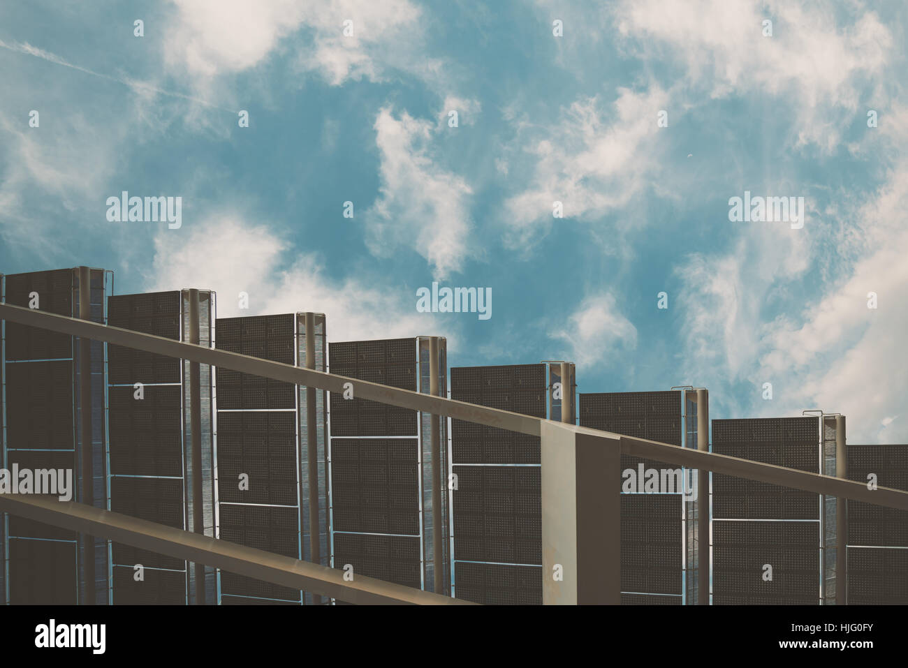 Close-up fragment of modern hi-tech solar photovoltaic panel with empty ...