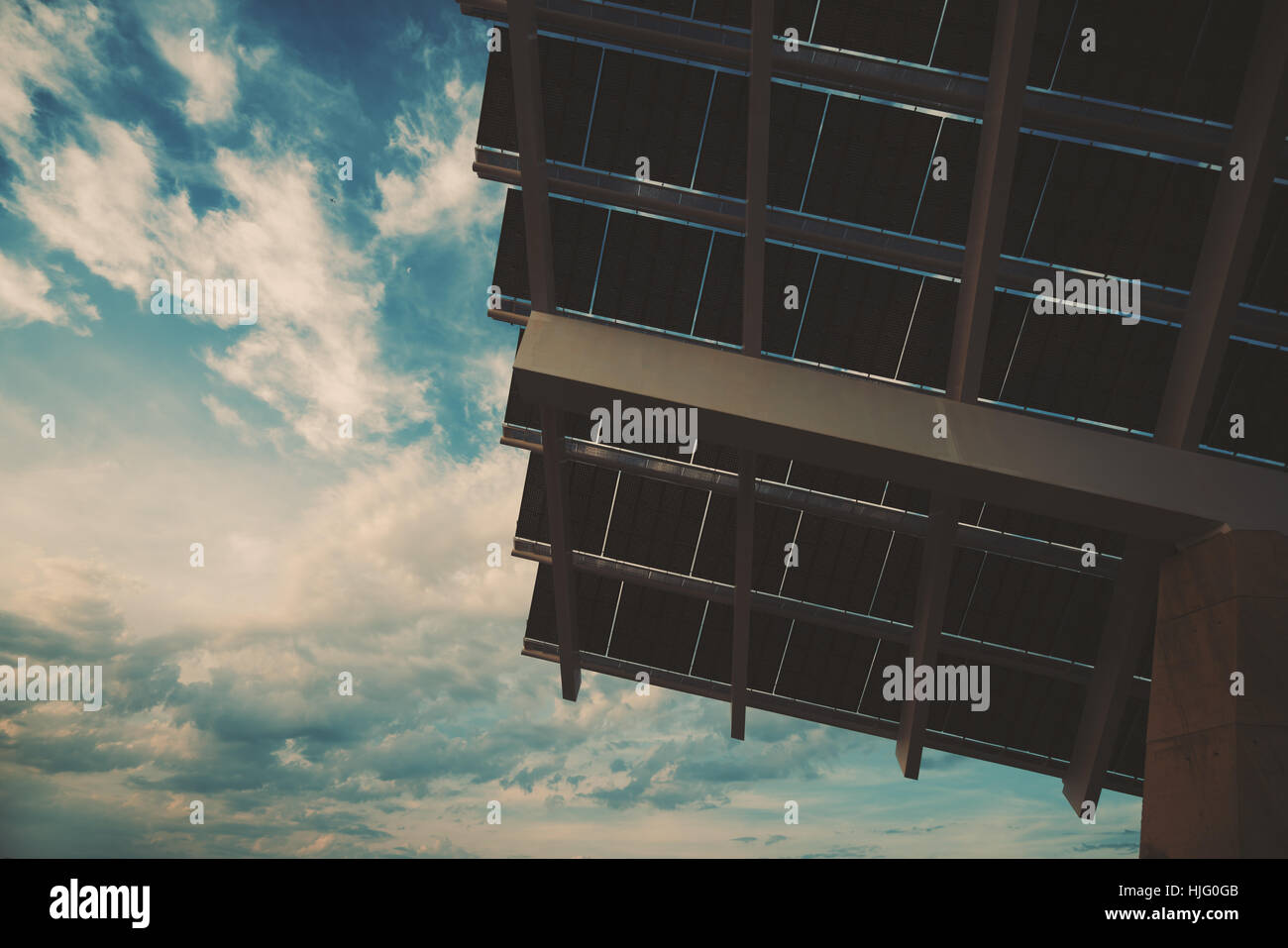 Close-up fragment of modern hi-tech solar photovoltaic panel with empty ...