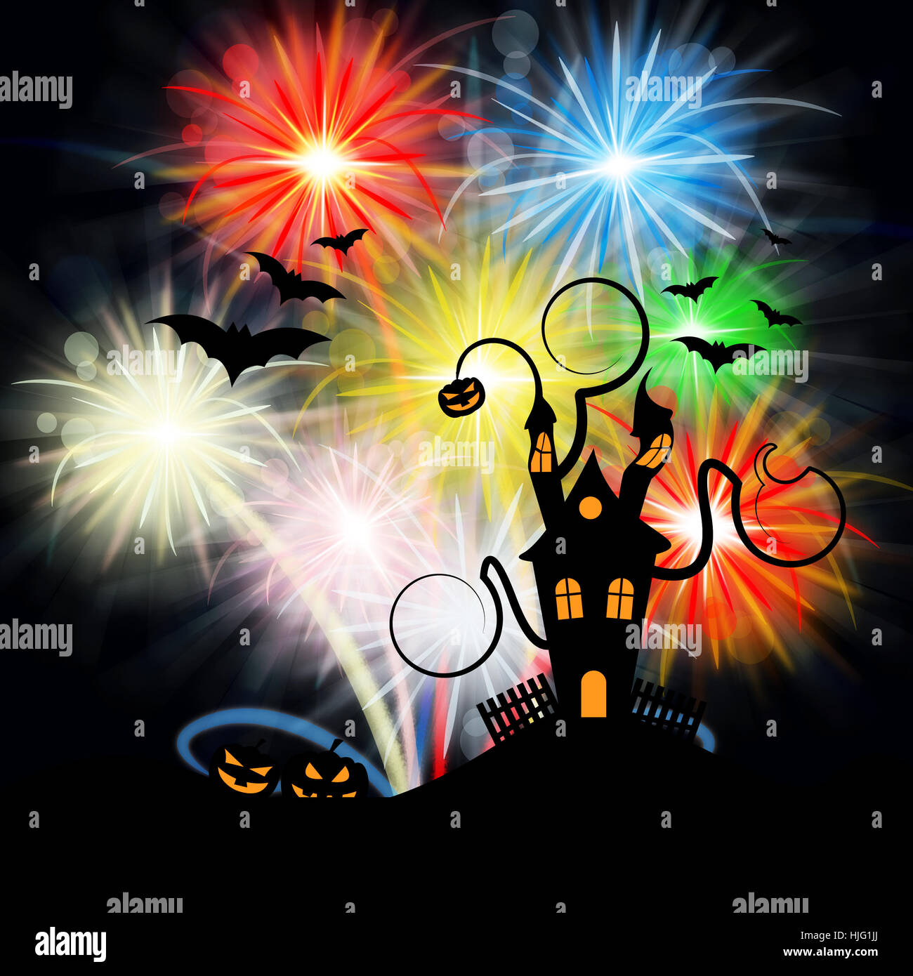 Haunted House And Fireworks Showing Halloween Celebration Stock Photo ...