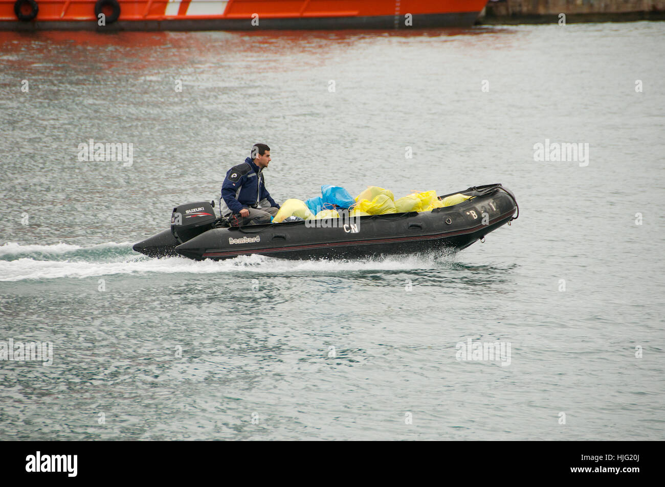 A Rigid-Hulled inflatable boat in the sea at Barcelona, Catalonia ...