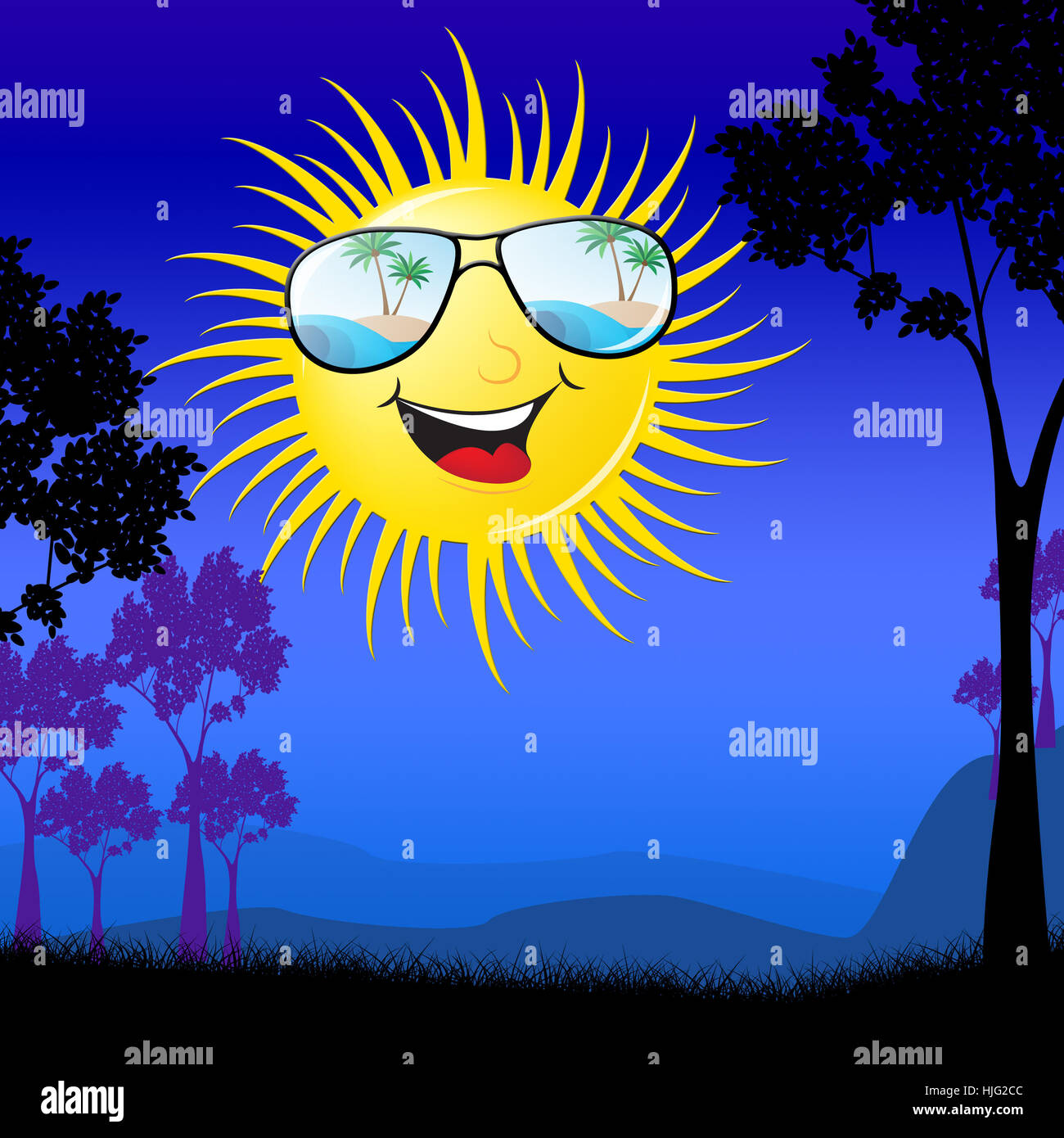 Smiling Sun In The Countryside Trees And Hills 3d Illustration Stock ...
