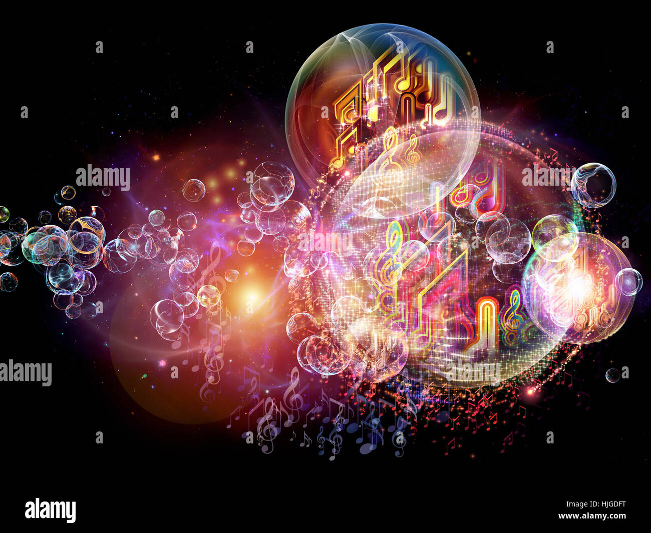 Bubble Symphony series. Backdrop of musical notes, fractal spheres and ...