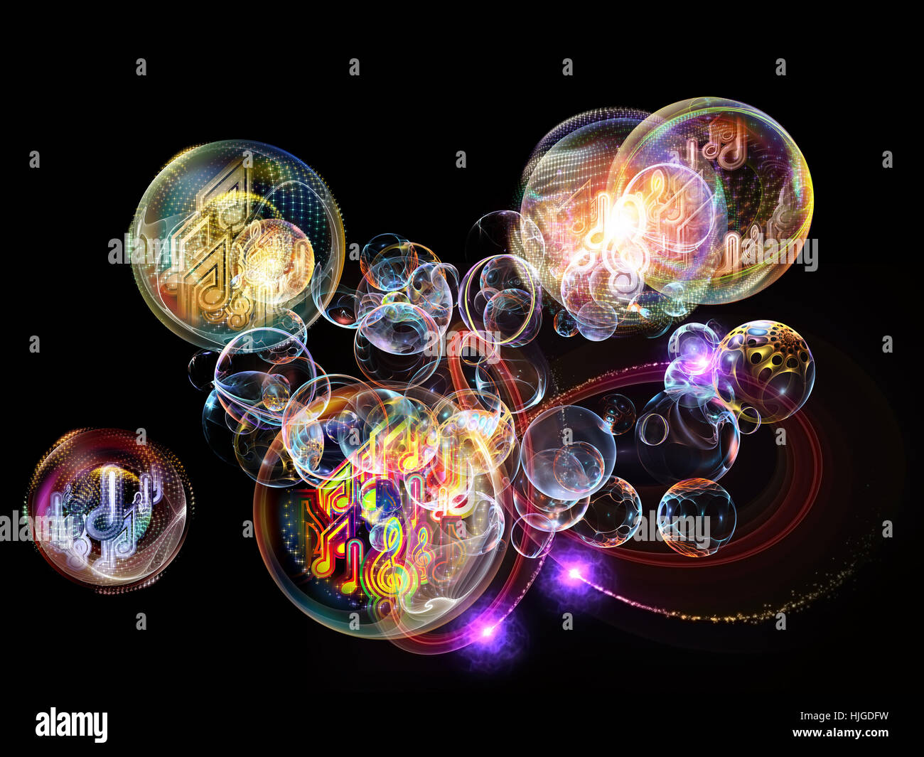 Bubble Symphony series. Design made of musical notes, fractal spheres ...