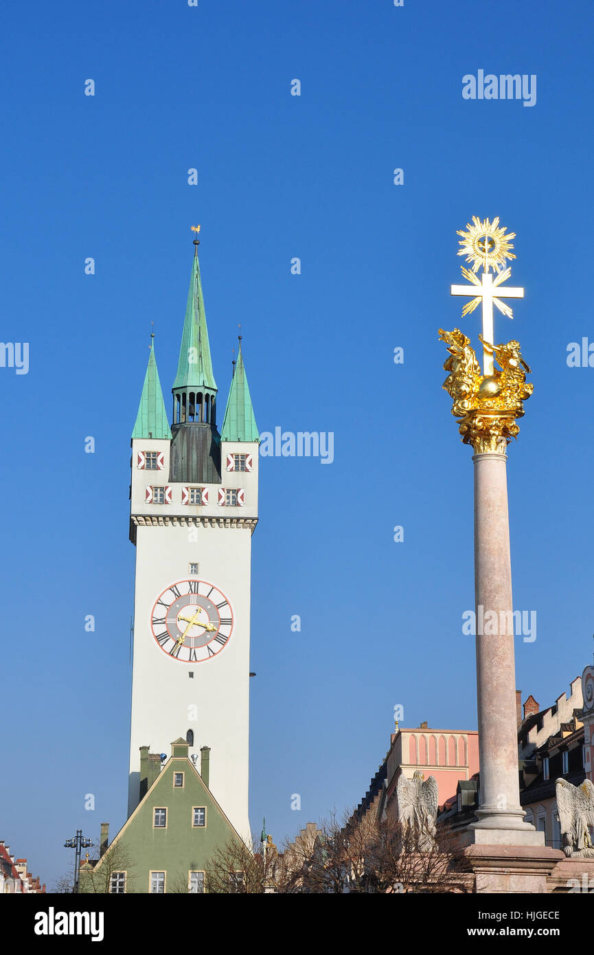 blue, tower, historical, city, town, tourism, clock, bavaria, germany ...