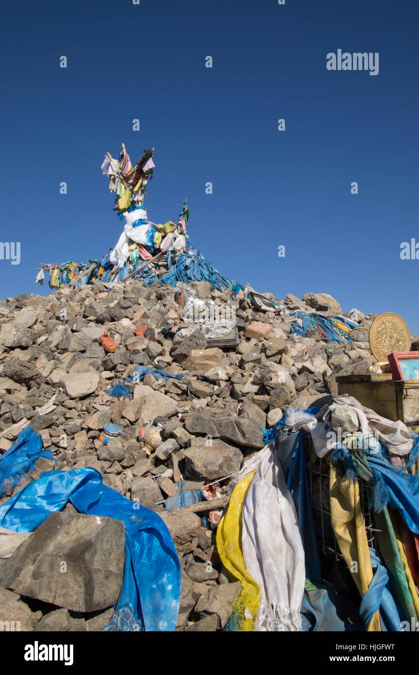 An ovoo made from stones placed by worshipers and shaman and topped ...