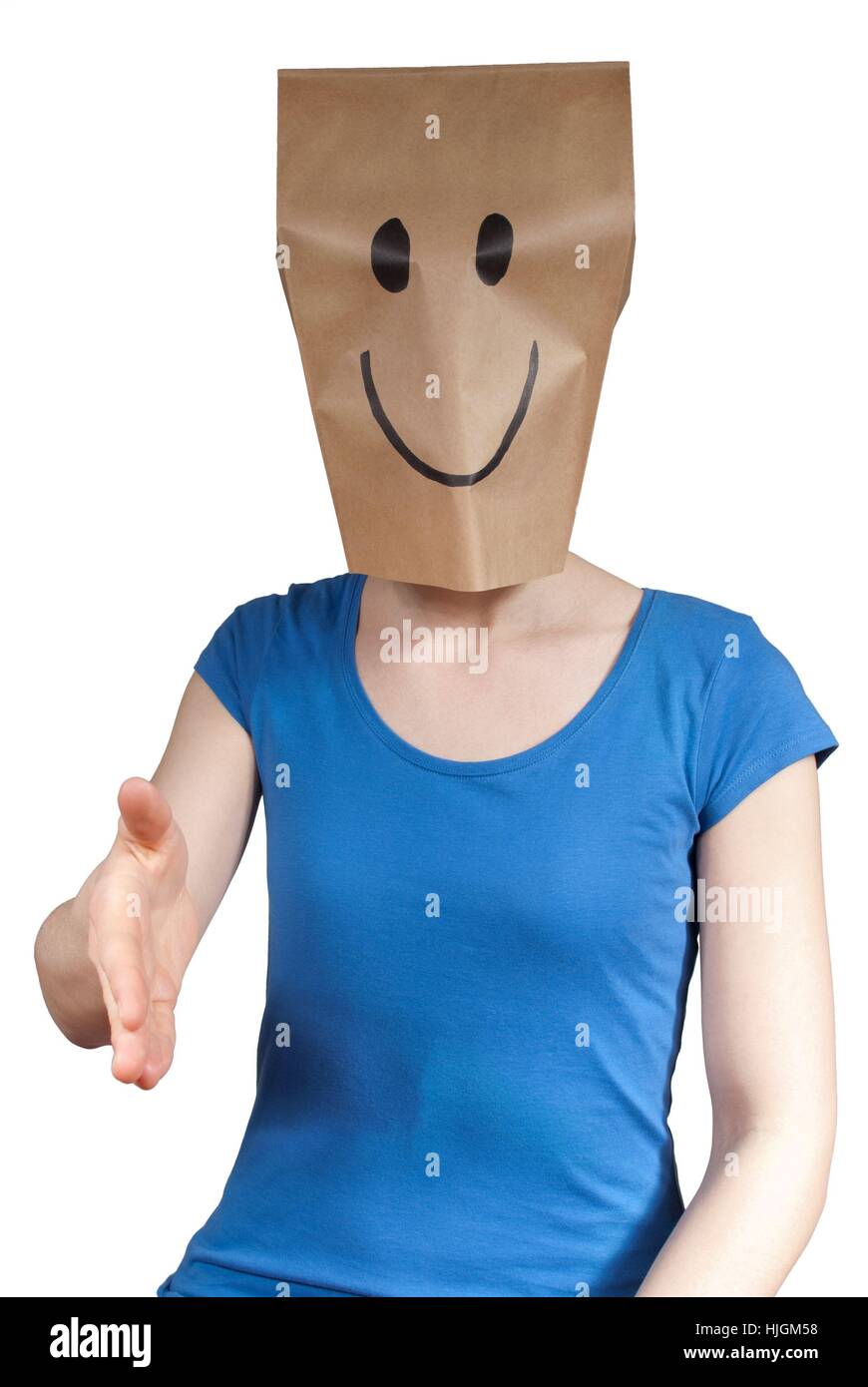 a happy paper bag person inviting to shaking hands, isolated Stock ...