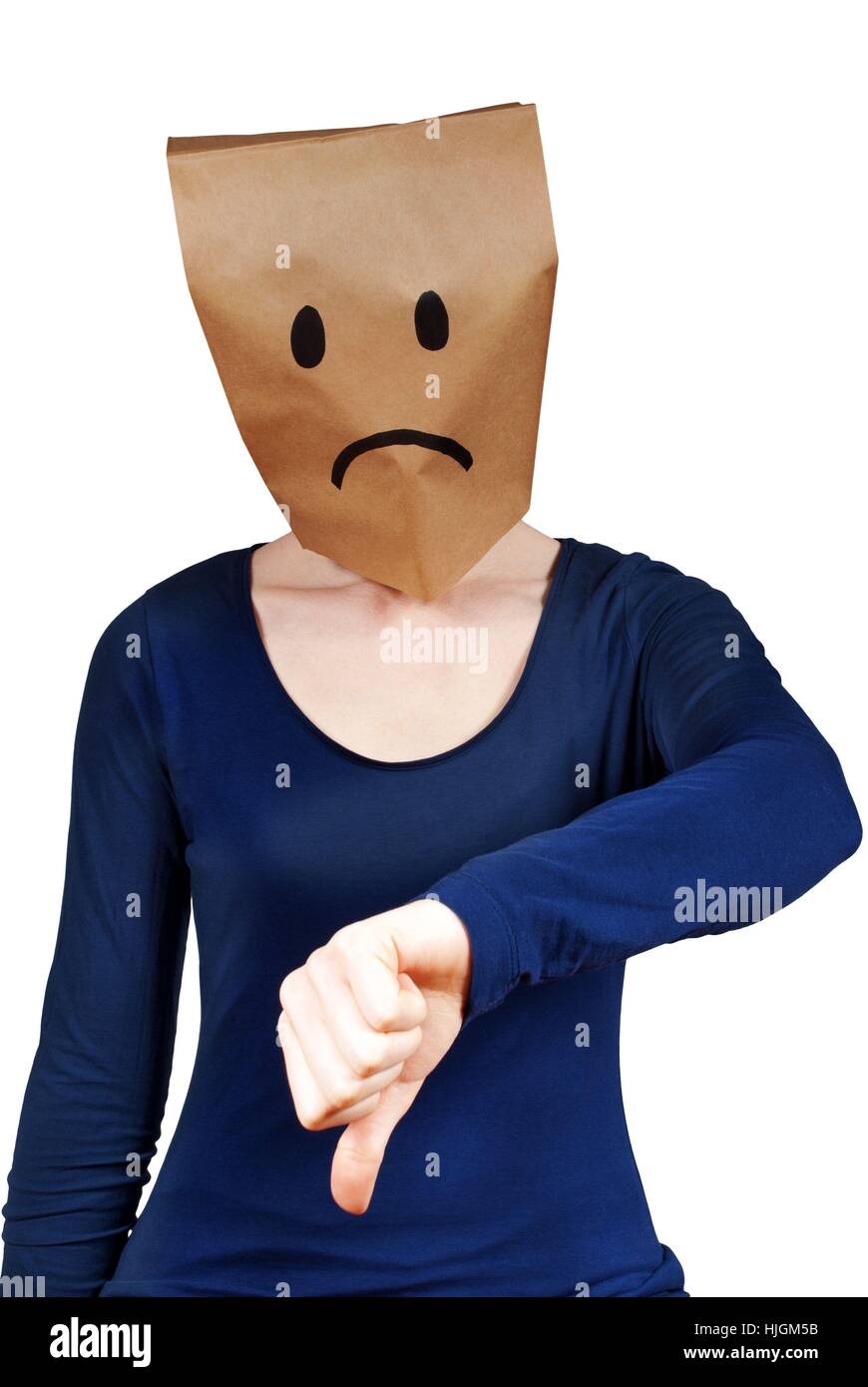 a sad looking person with paper bag head and thumb down Stock Photo - Alamy