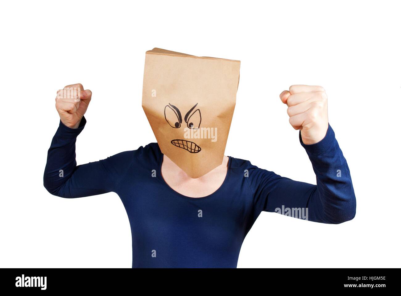 a person with an angry paper bag smiley on its head, isolated Stock ...