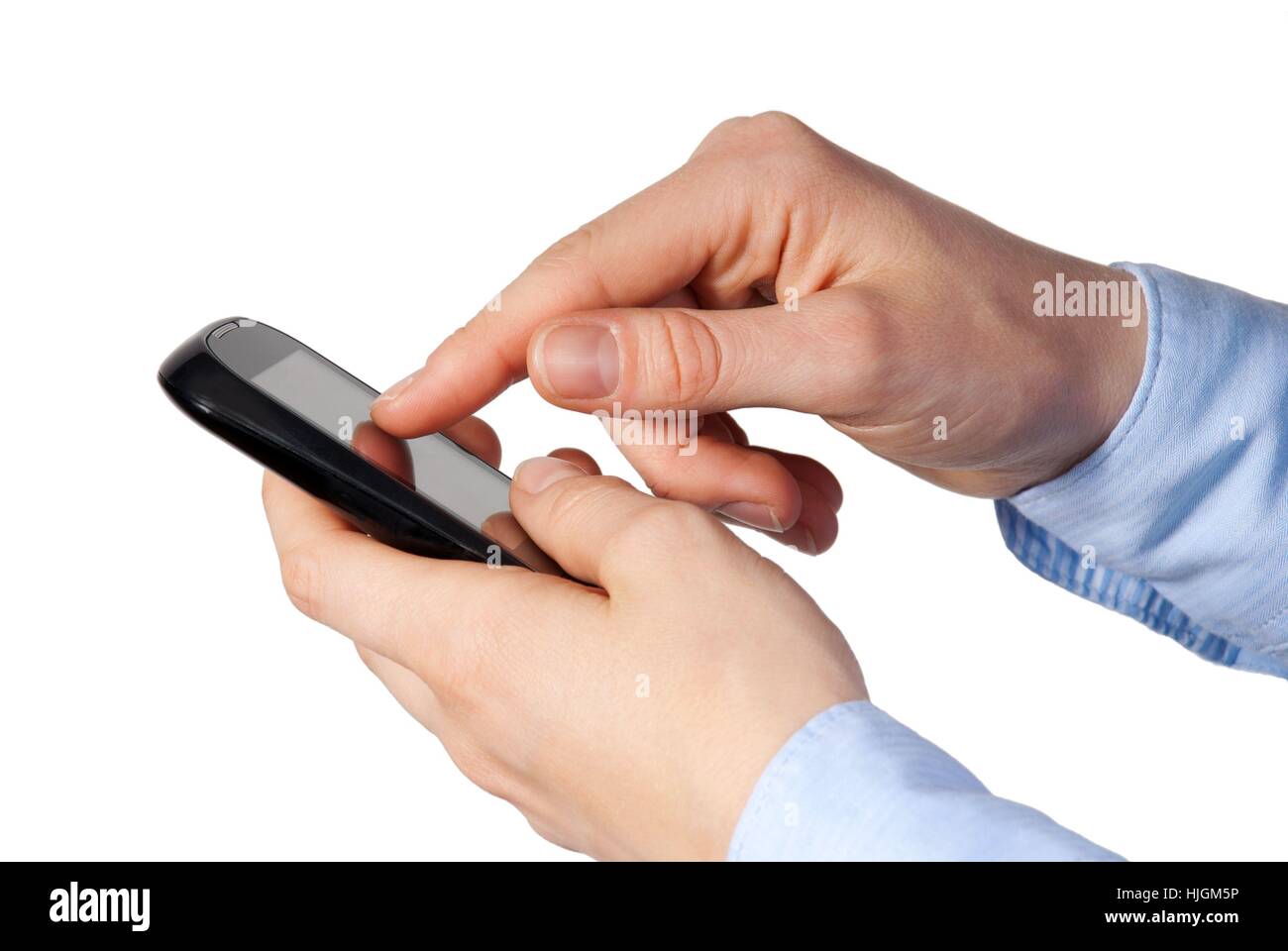 person using the touch function of a mobile phone, isolated Stock Photo ...