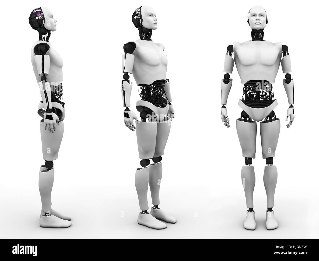 Male robot standing, a view of it from three different angles. White ...