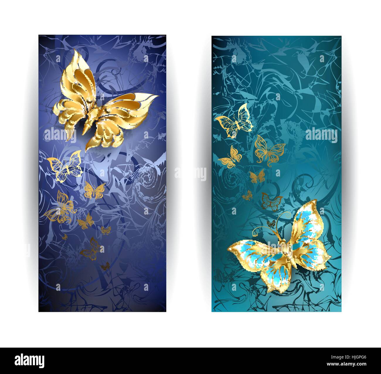 two vertical rectangular banner with gold butterflies on a blue ...