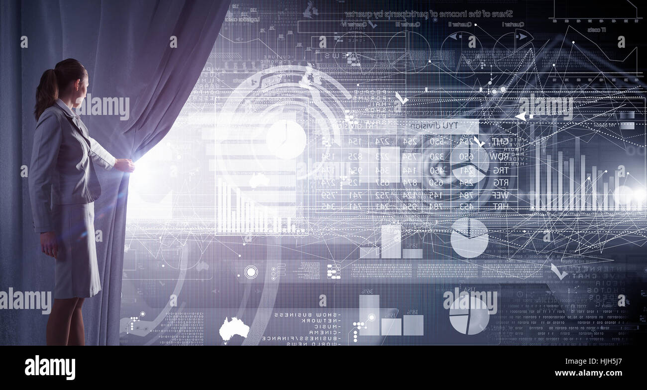 Young businesswoman opening curtain and presenting sales report hi-res ...