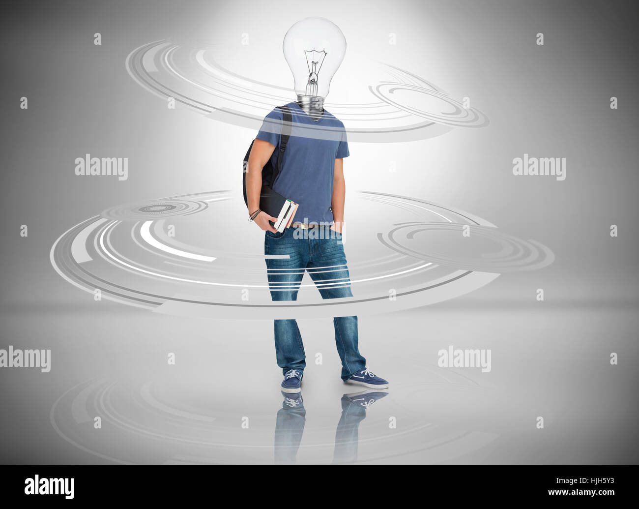 Student with light bulb for a head circled by dials on grey background ...