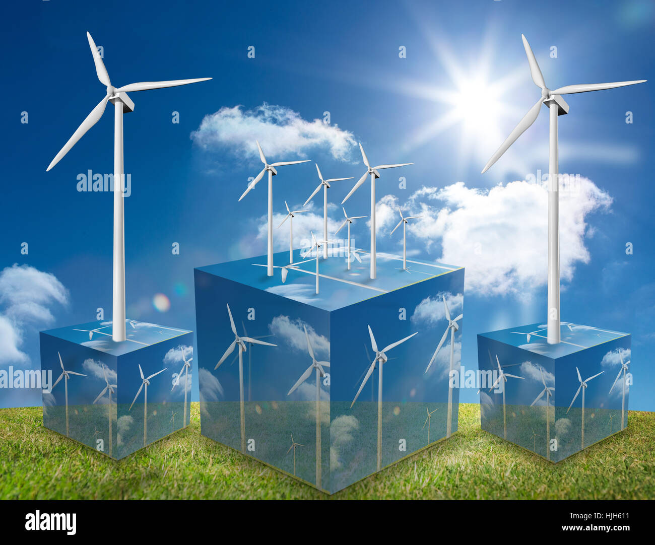 Wind turbines on cubes showing more wind turbines in a green field ...