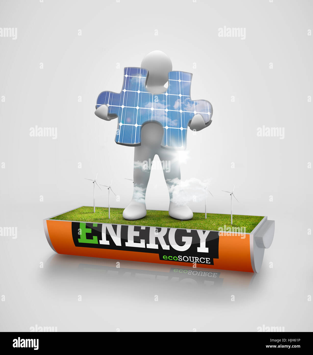 White figure holding solar panel jigsaw piece in a wind turbine field ...