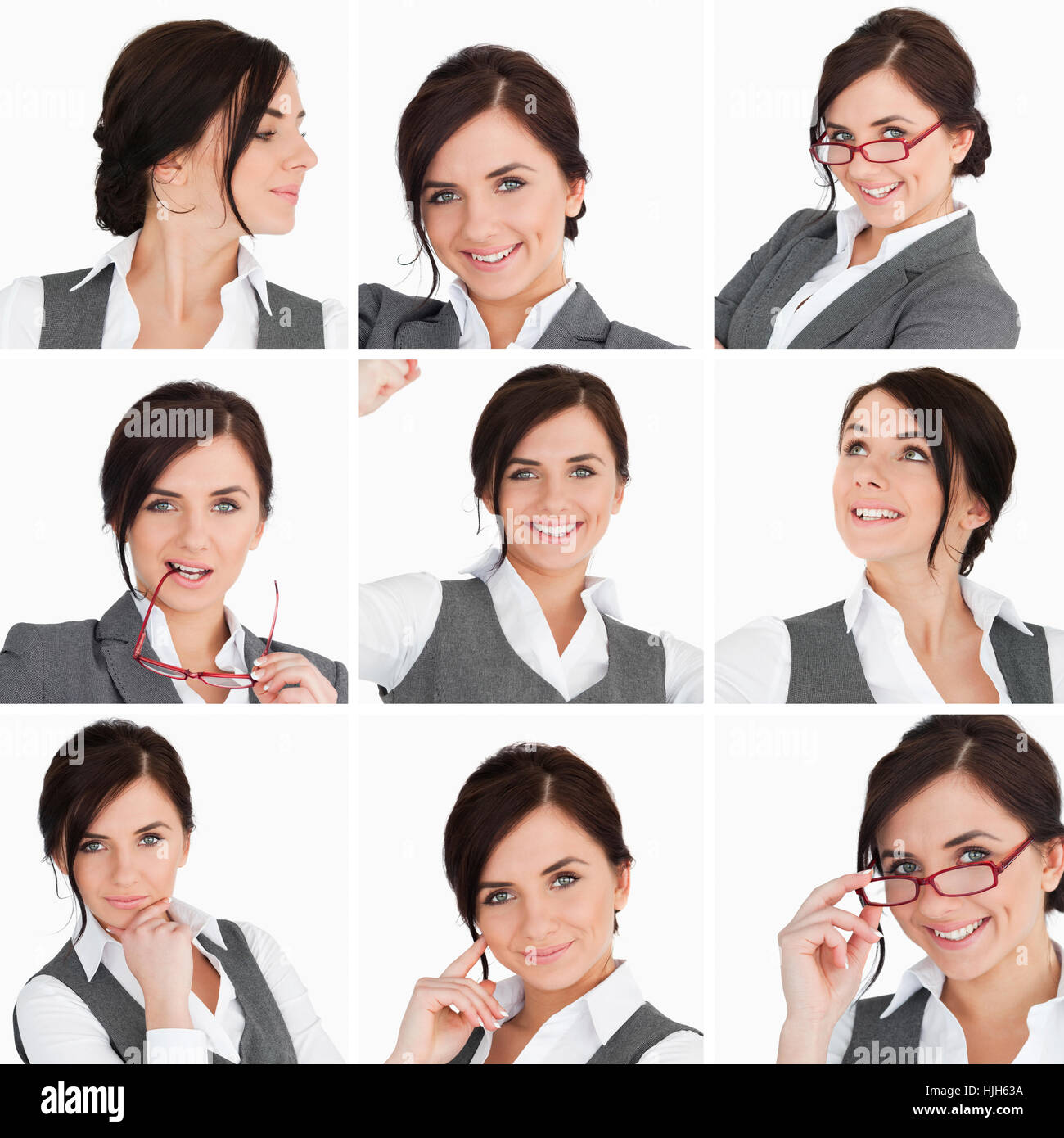 Collage of brunette businesswoman on white background Stock Photo - Alamy