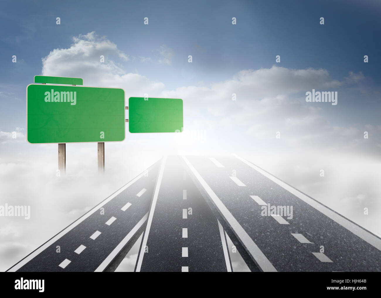 Roads over clouds with empty signposts in blue sky background Stock ...