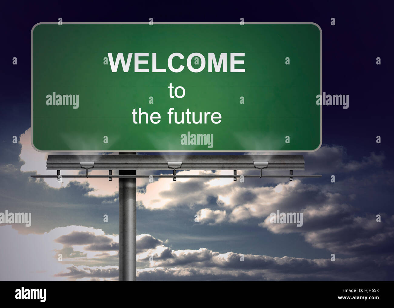 Billboard spelling out welcome to the future with sky in the background ...