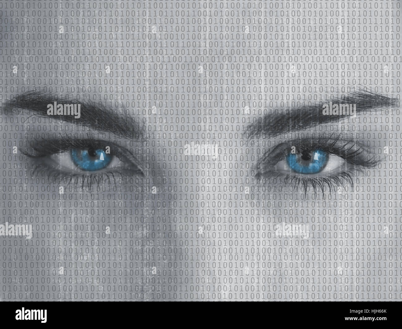 Attractive blue eyed woman with binary code on face close up staring at ...