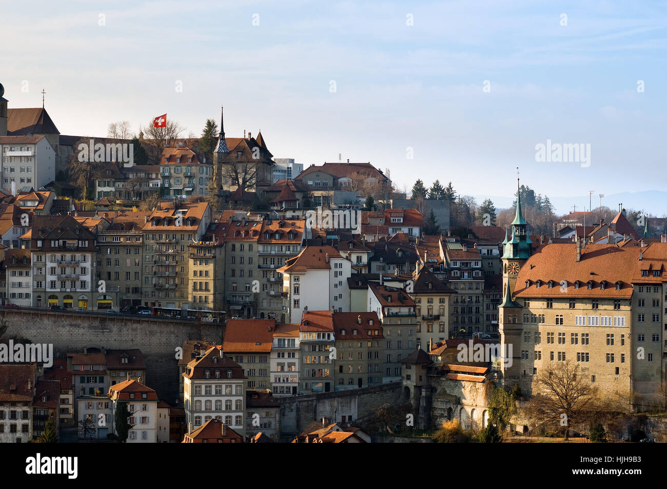 city, town, switzerland, swiss, freiburg, blue, buildings, detail ...