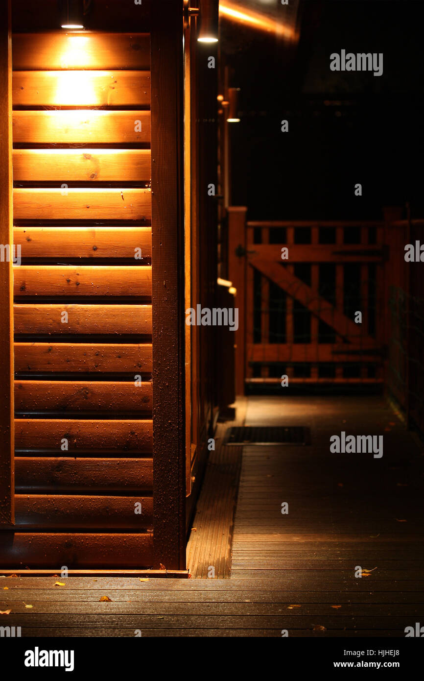 wood, night, nighttime, cabin, wooden, building, spotlight, light ...