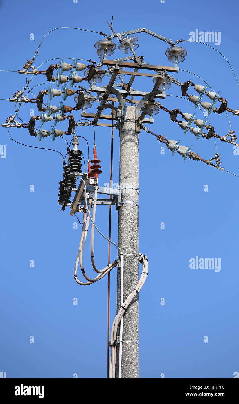 big switches of an overhead power line with concrete pole and ...