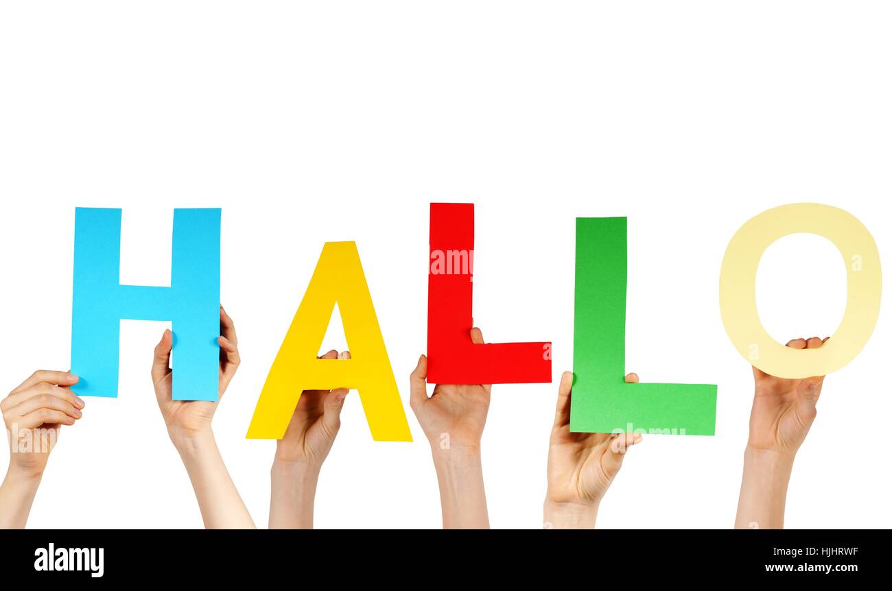 people holding letters building the word hello, isolated Stock Photo ...