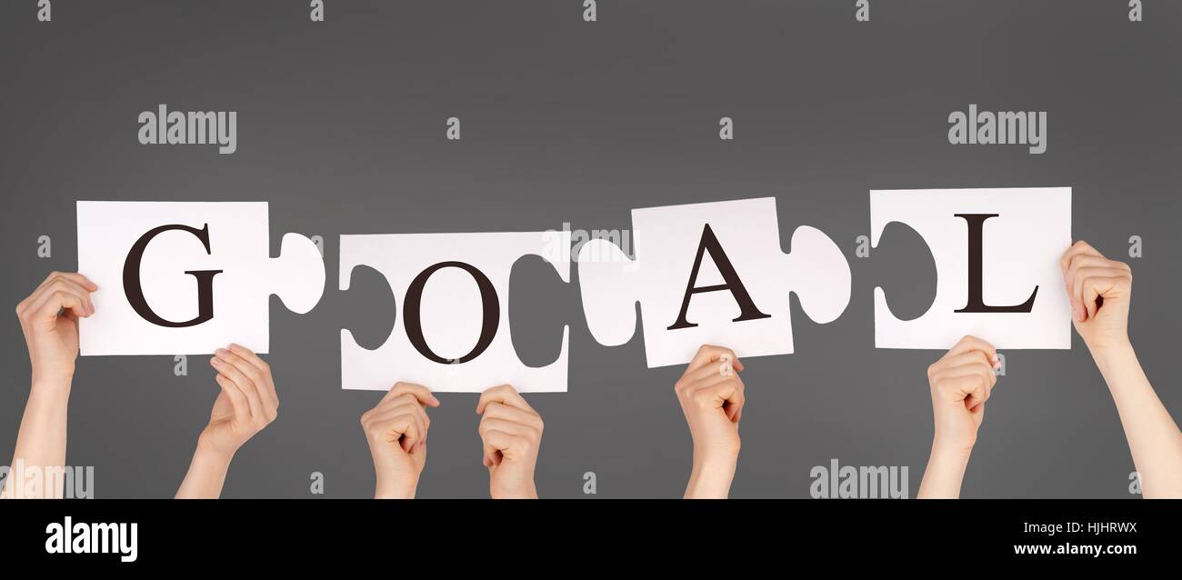 hands holding pieces of a puzzle building the word GOAL, gray ...