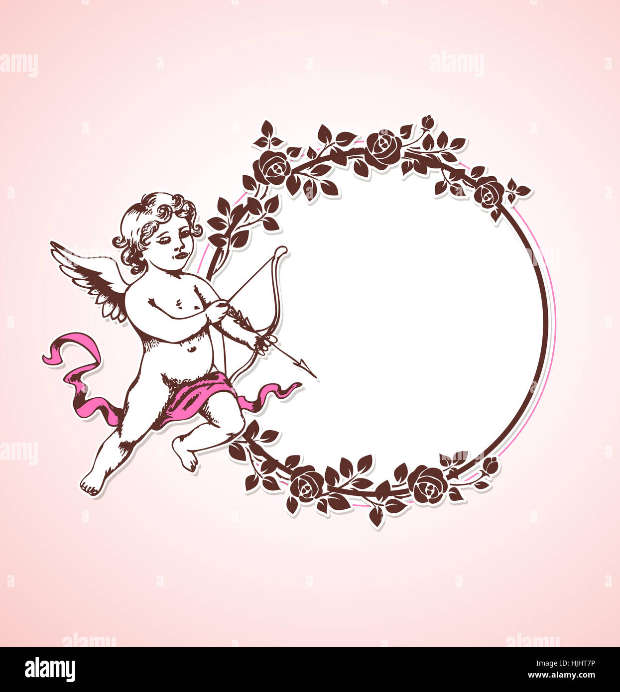 Vintage hand drawn Valentine card with cupid and round frame of roses ...
