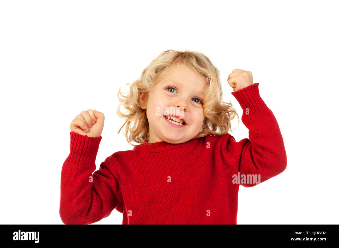 Happy small kid raising his arms isolated on a white background Stock ...
