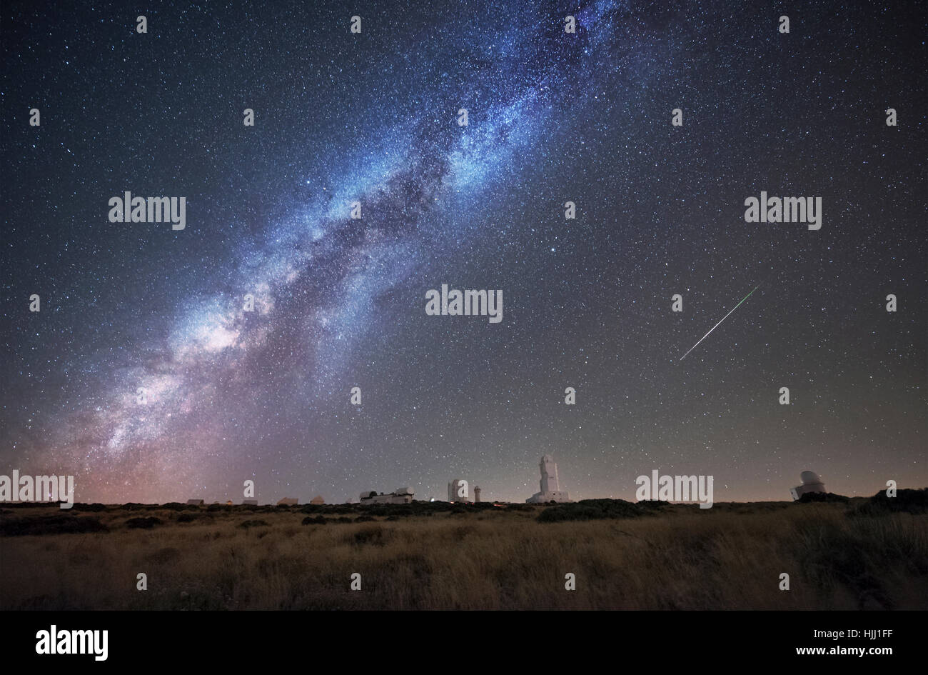 Spain, Tnerife, Milky way and perseid meteor, over Teide Izana ...