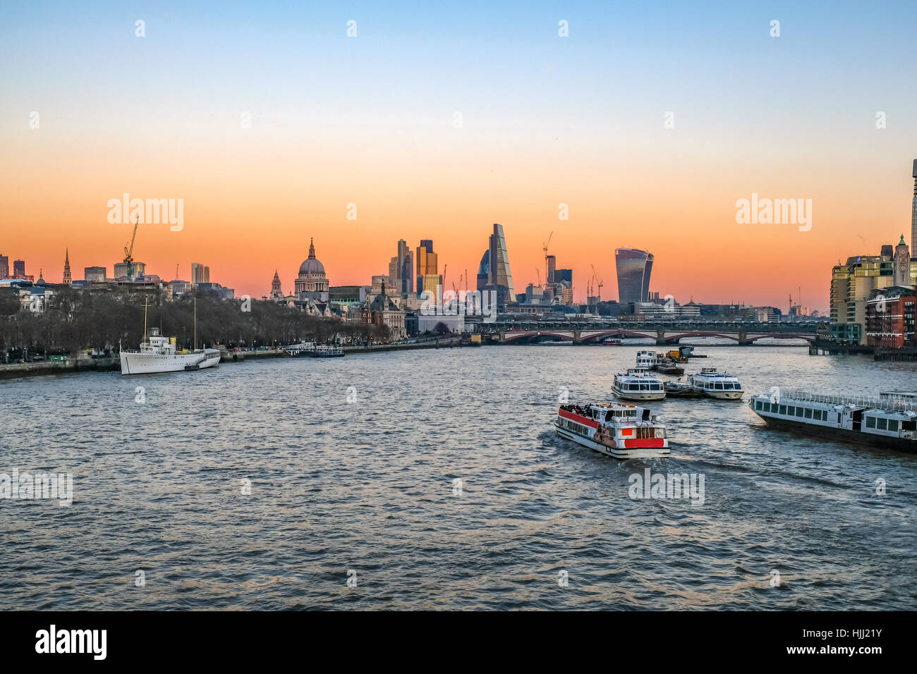London skyline from Waterloo Bridge.Taken at sunset on a bright winter ...