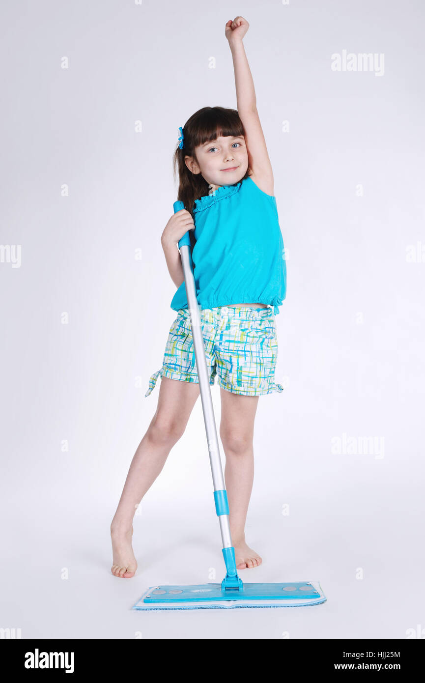 little girl with mop on white Stock Photo - Alamy