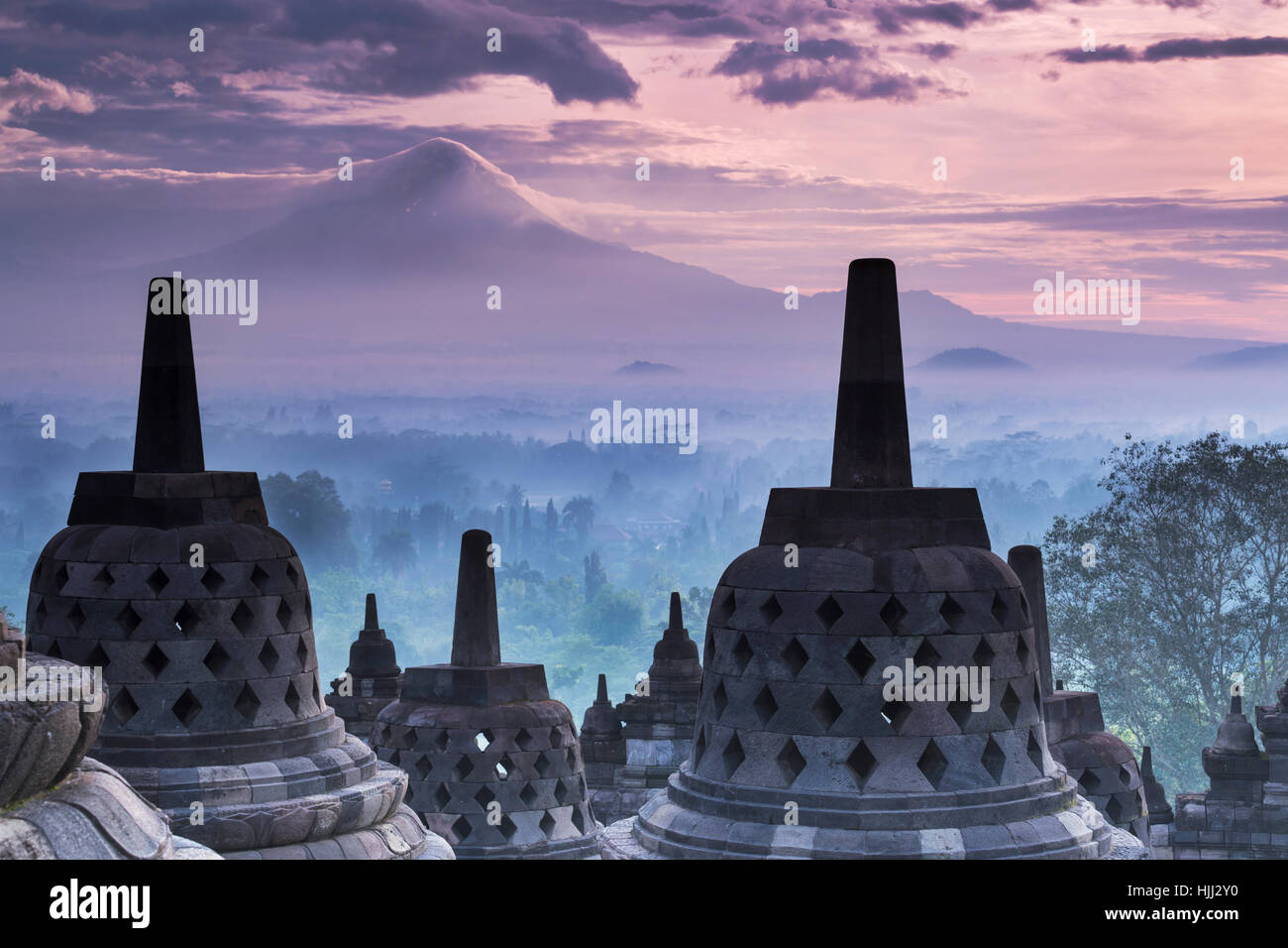 Indonesia, Central Java, Magelang, Candi Borobudur and Mount Merapi ...