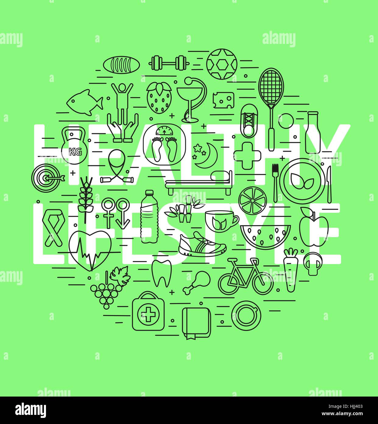 Healthy lifestyle concept in line design on green background. Vector ...