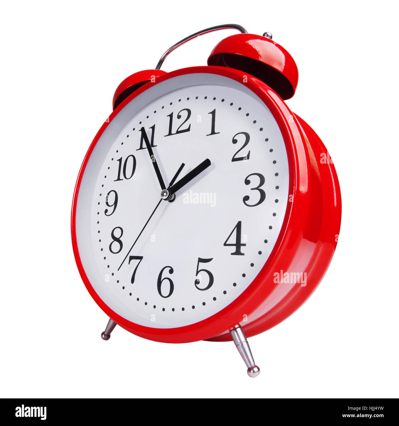 Big red alarm clock on white background Stock Photo - Alamy