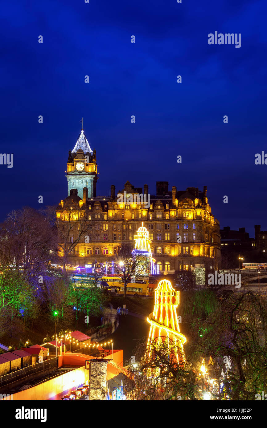 UK, Scotland, Edinburgh, view to lighted Balmoral Hotel at Christmas ...