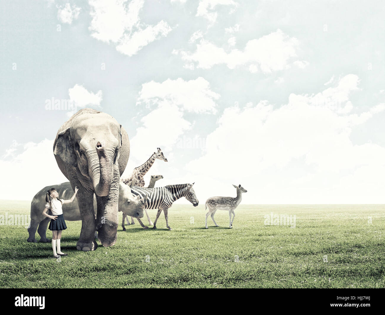 Cute school girl outdoor with wild animals Stock Photo - Alamy