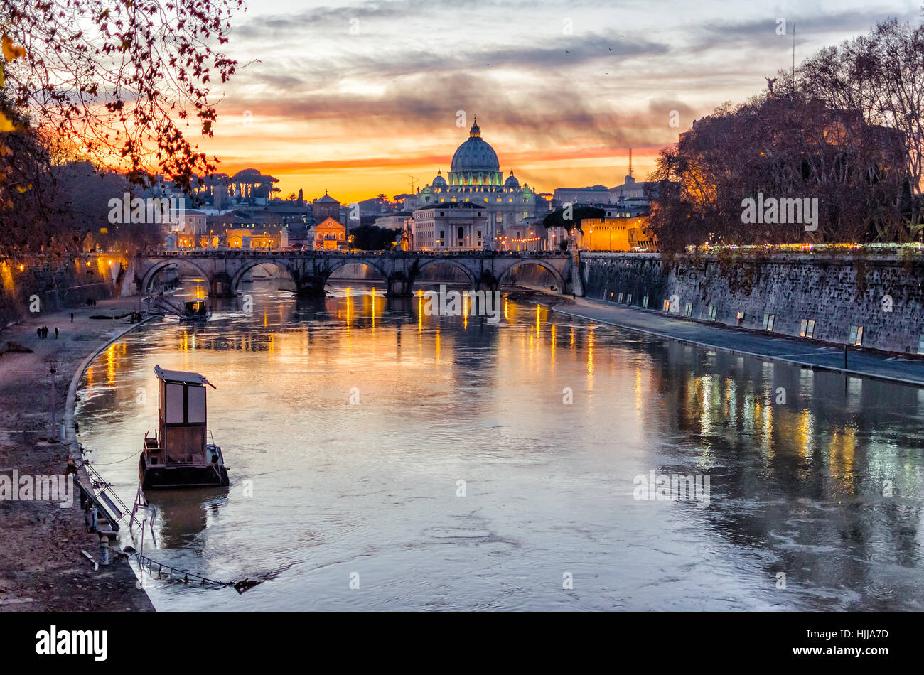 dome, bridge, sunset, Rome, roma, vatican, italy, river, water ...