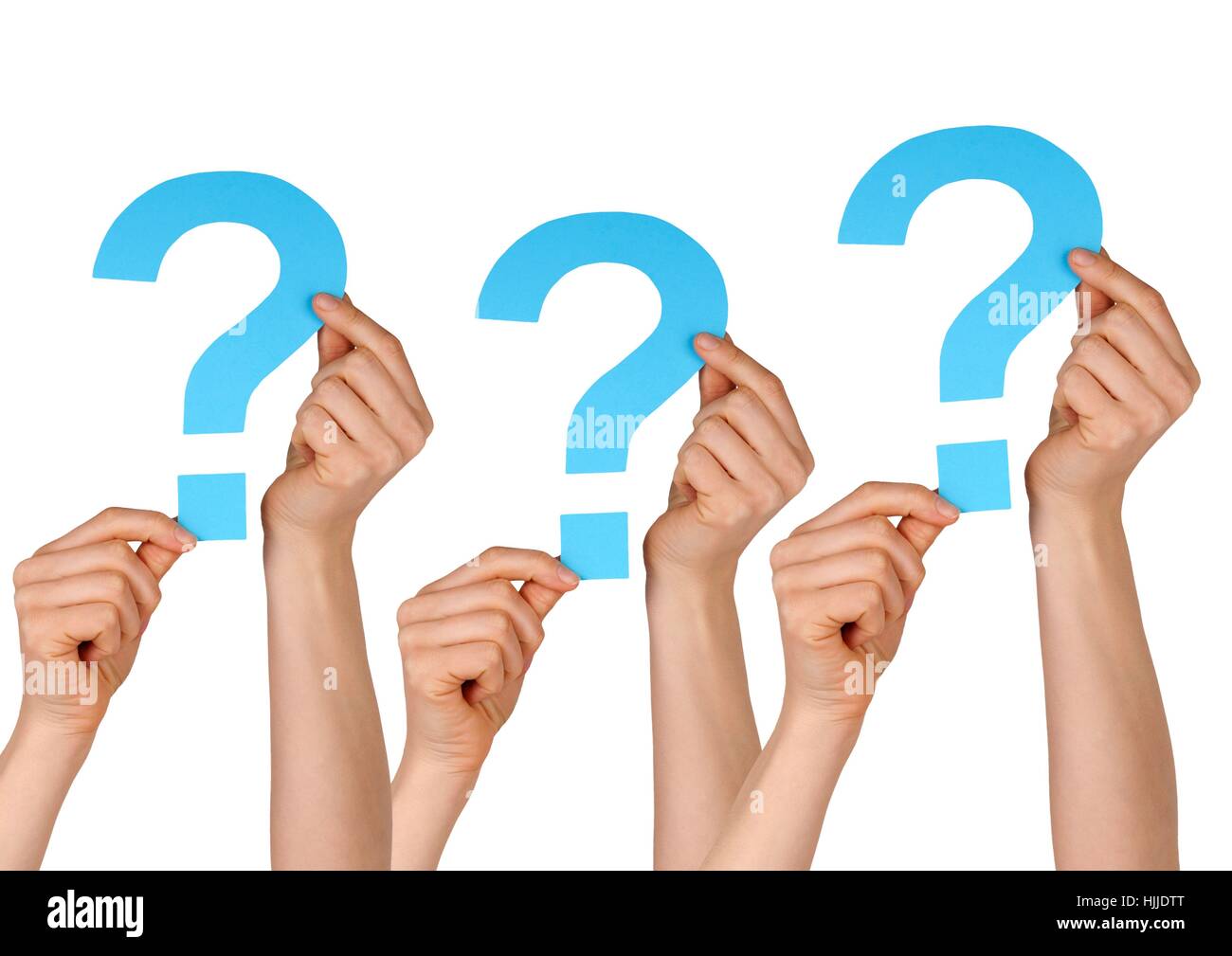 some blue question marks holding by hands, isolated Stock Photo - Alamy