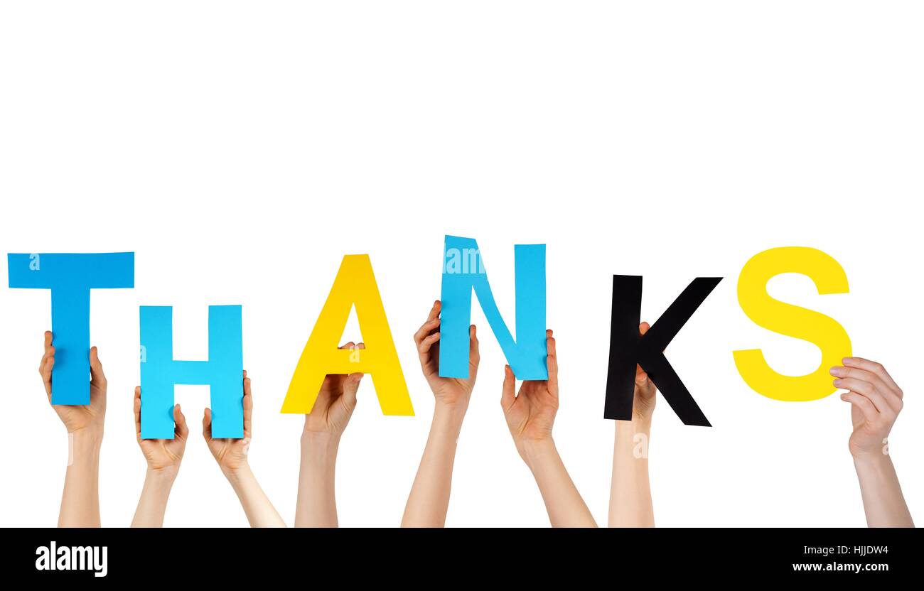 hands holding colorful letters building the word THANKS, isolated Stock ...