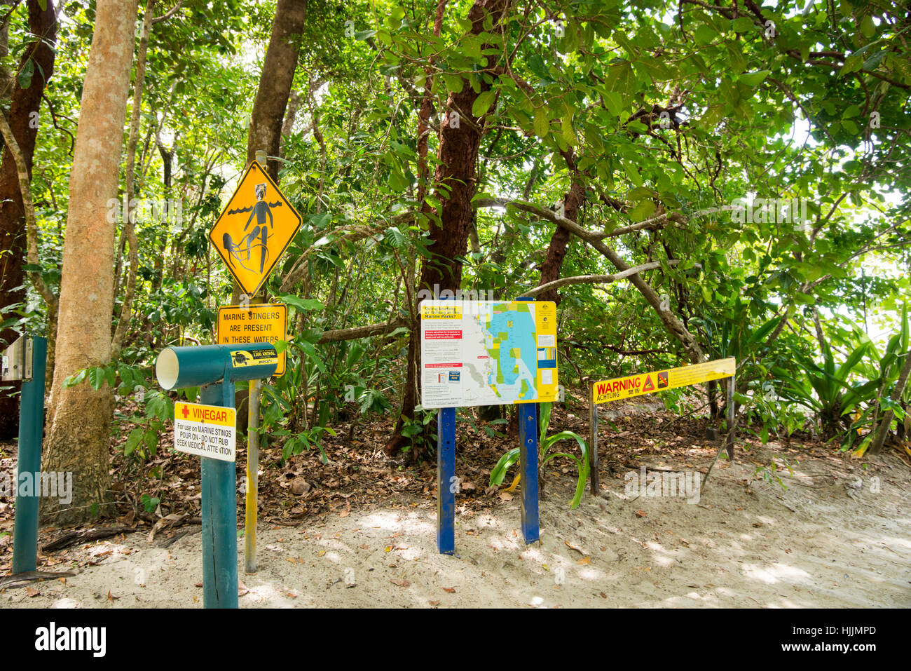 Warning signs next to the beach at Cape Tribulation, Daintree National ...