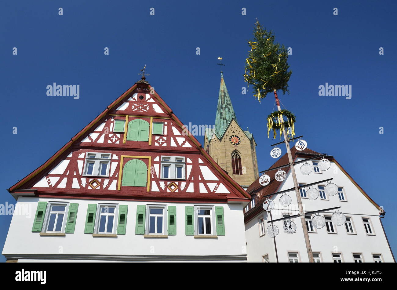 church, frame-work, town hall, steeple, May, traditions, maypole ...