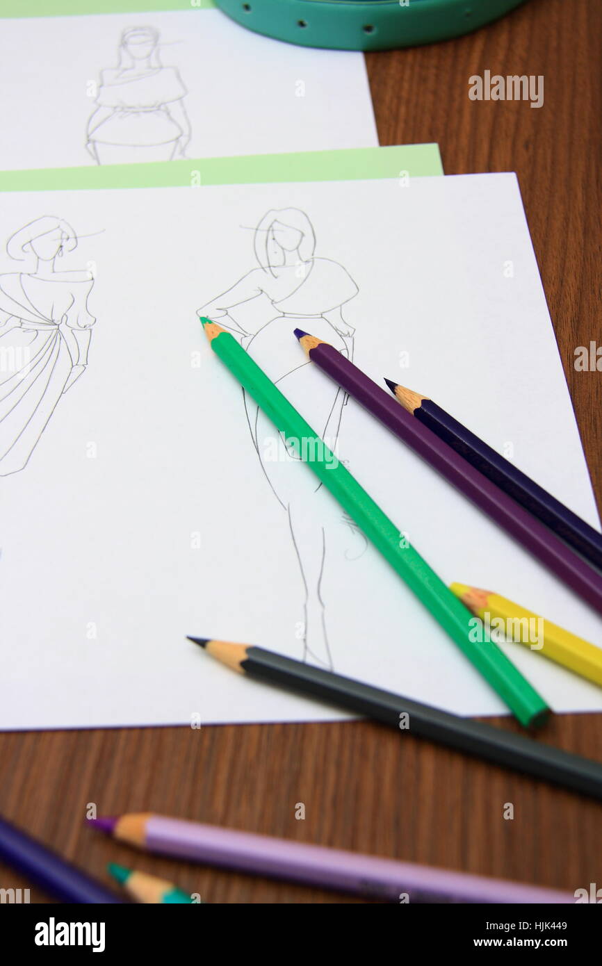 the collection of fashion drawings on clothes with colored pencils ...