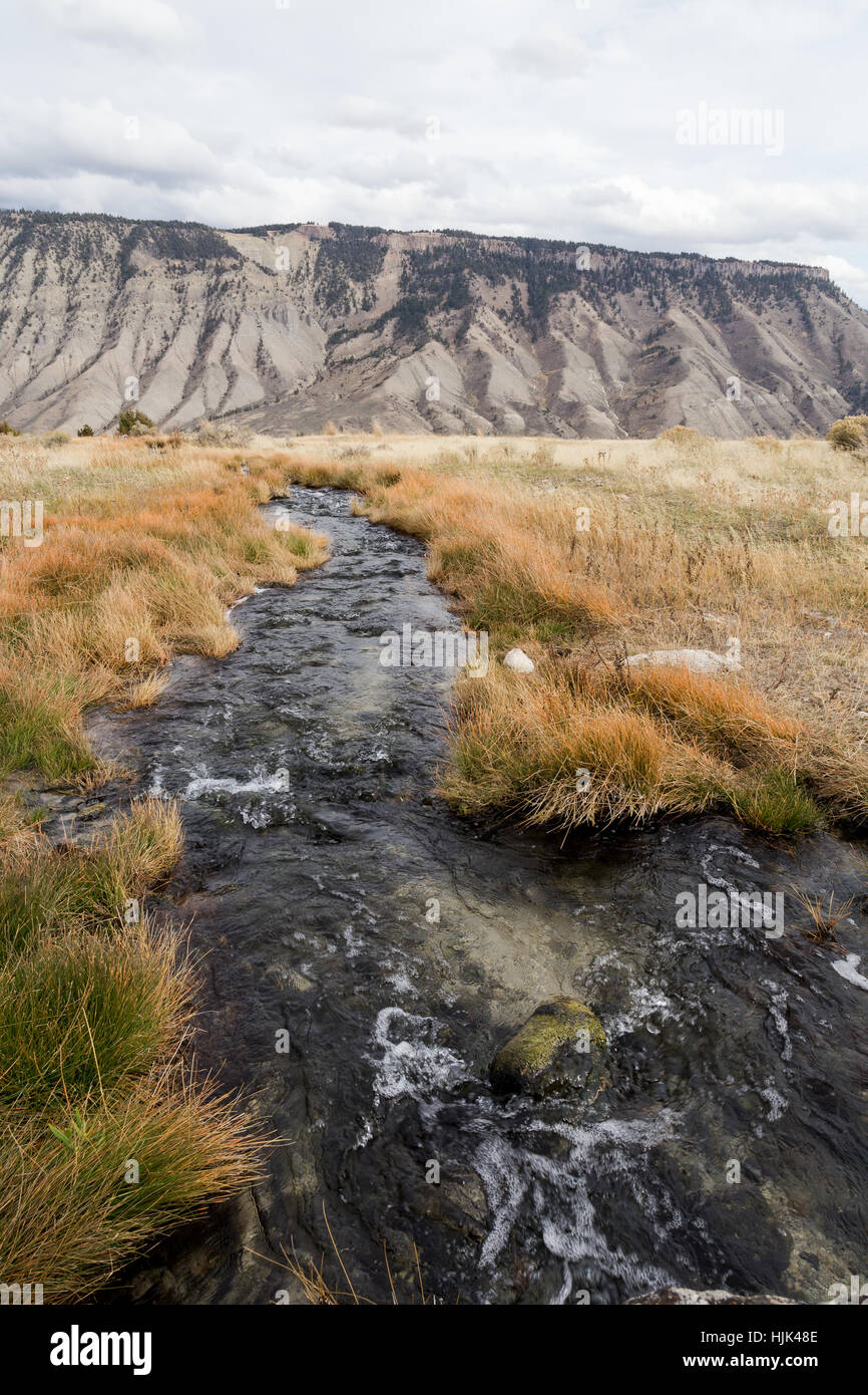 A small creek runs away from Mammoth Hot Springs in Yellowstone ...