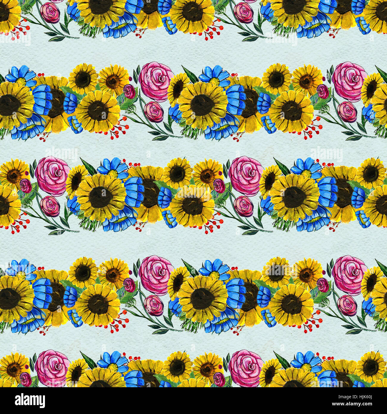 Seamless pattern with blue yellow and pink flowers Stock Photo - Alamy